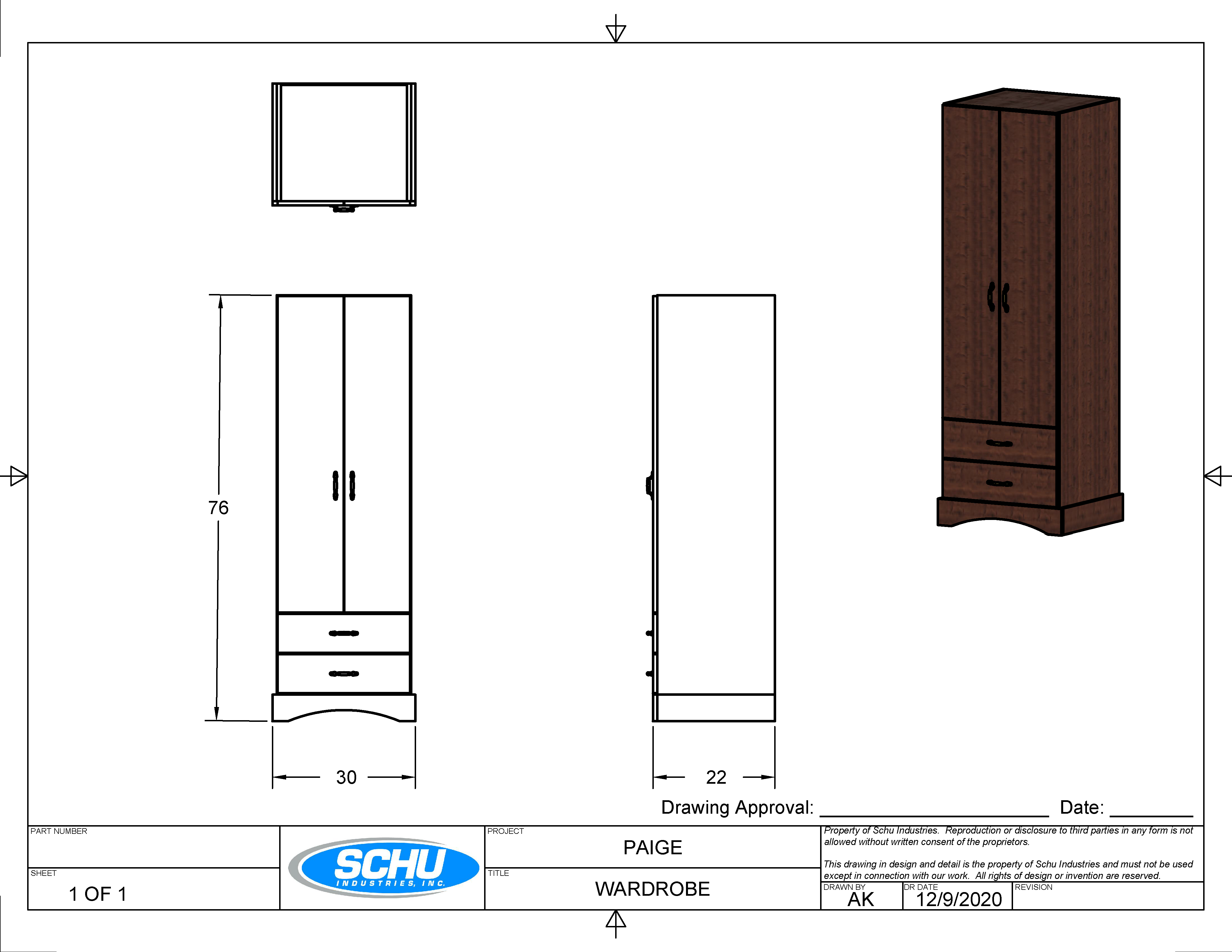 Drawing Wooden Wardrobe Cabinet